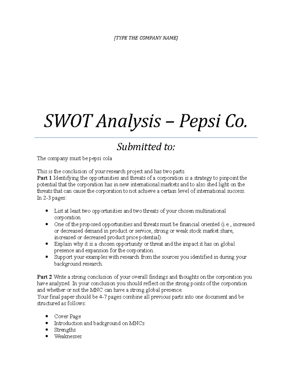 Pepsi co-compiled - coursework - [TYPE THE COMPANY NAME] SWOT Analysis ...