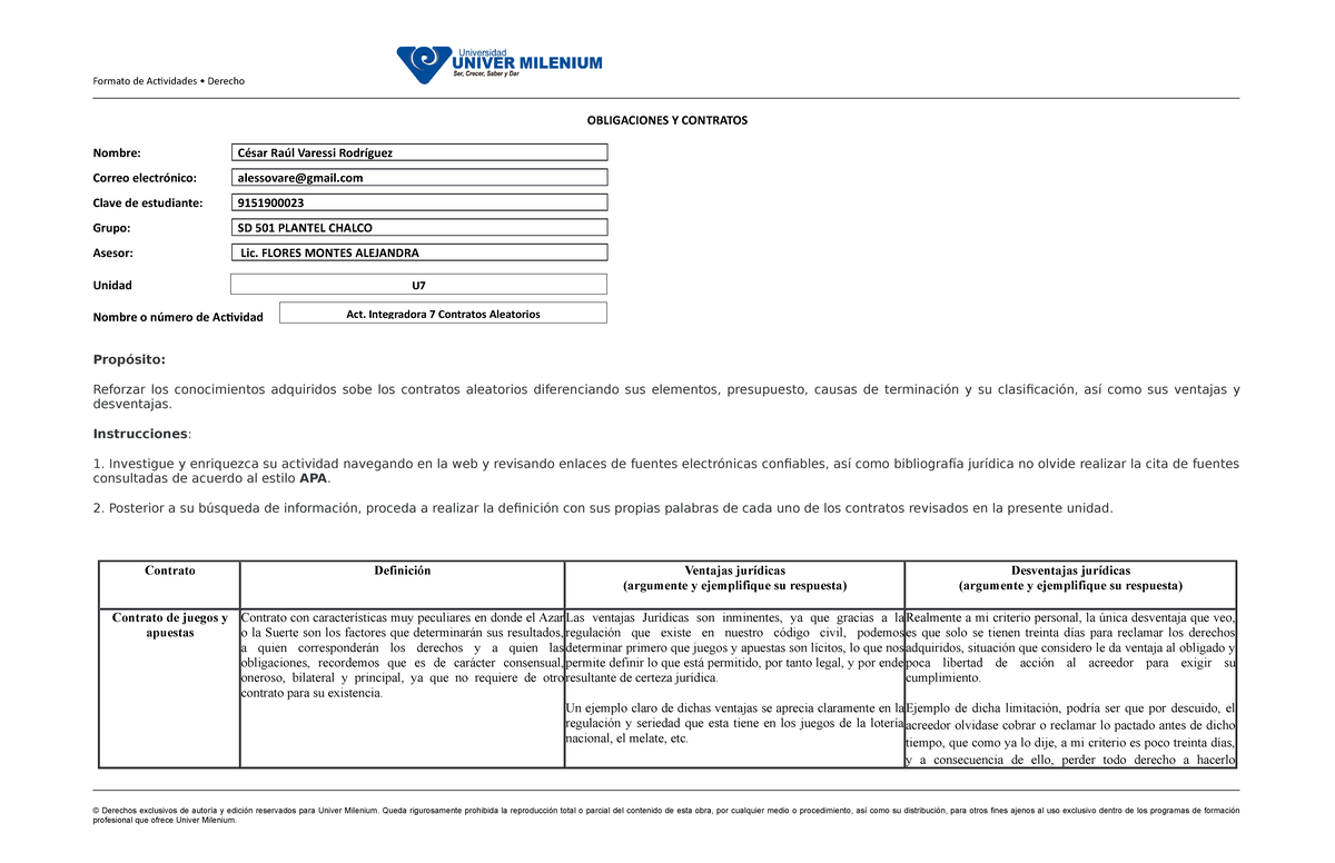 Act. 7 Integ Contratos Aleatorios - OBLIGACIONES Y CONTRATOS Nombre ...