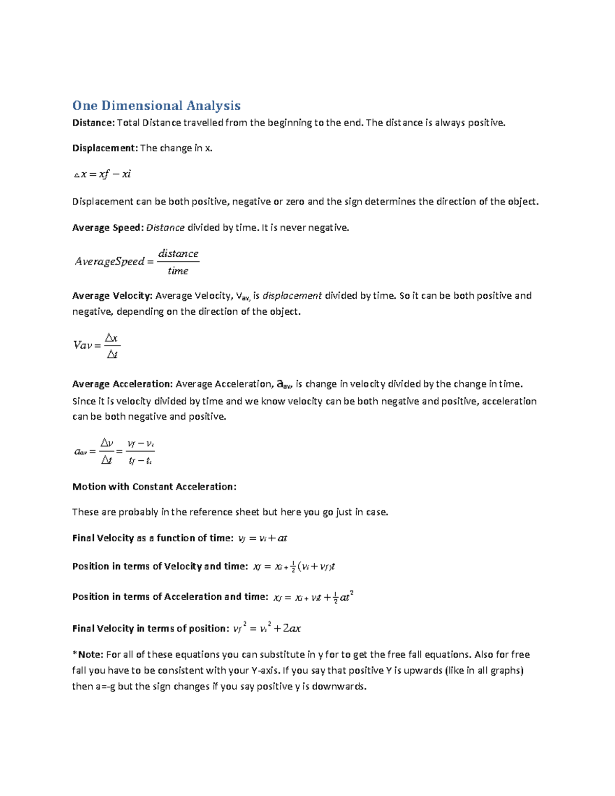 Mechanics - Summary Gen Physics I Calc Based (Lec) - One Dimensional ...