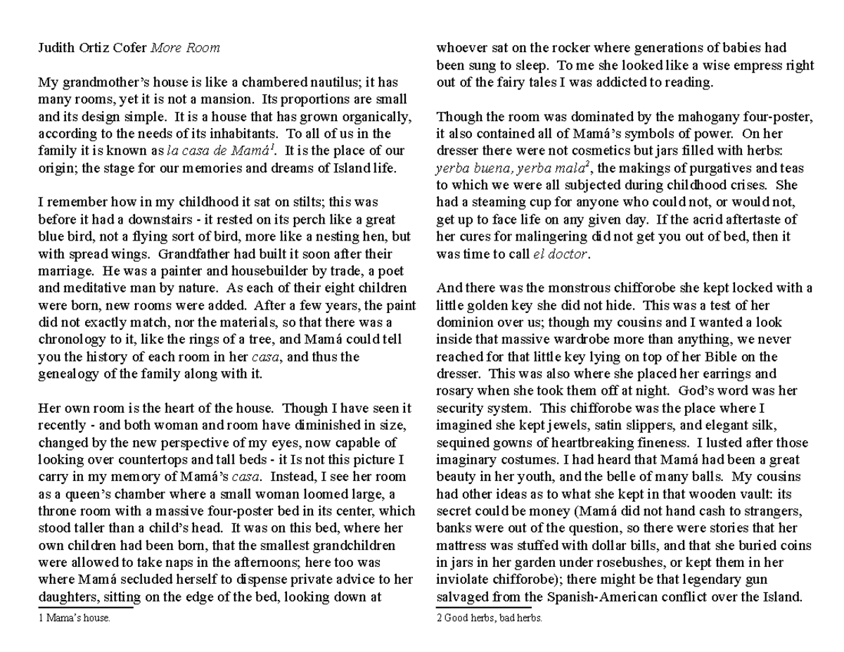 Judith ortiz cofer more room - Judith Ortiz Cofer More Room My ...