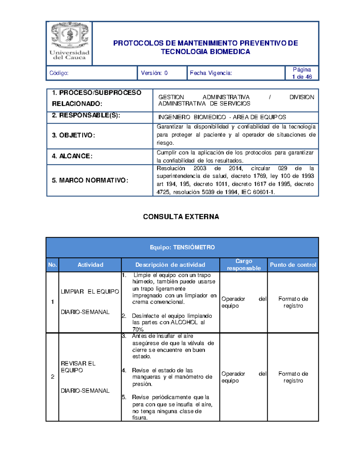 Protocolo equipos Biomedicos Hospitalarios - TECNOLOGIA BIOMEDICA Código: Versión: 0 Fecha ...