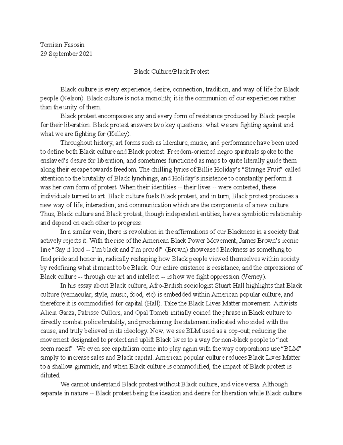 Black culture/Black protest essay - Tomisin Fasosin 29 September 2021 ...