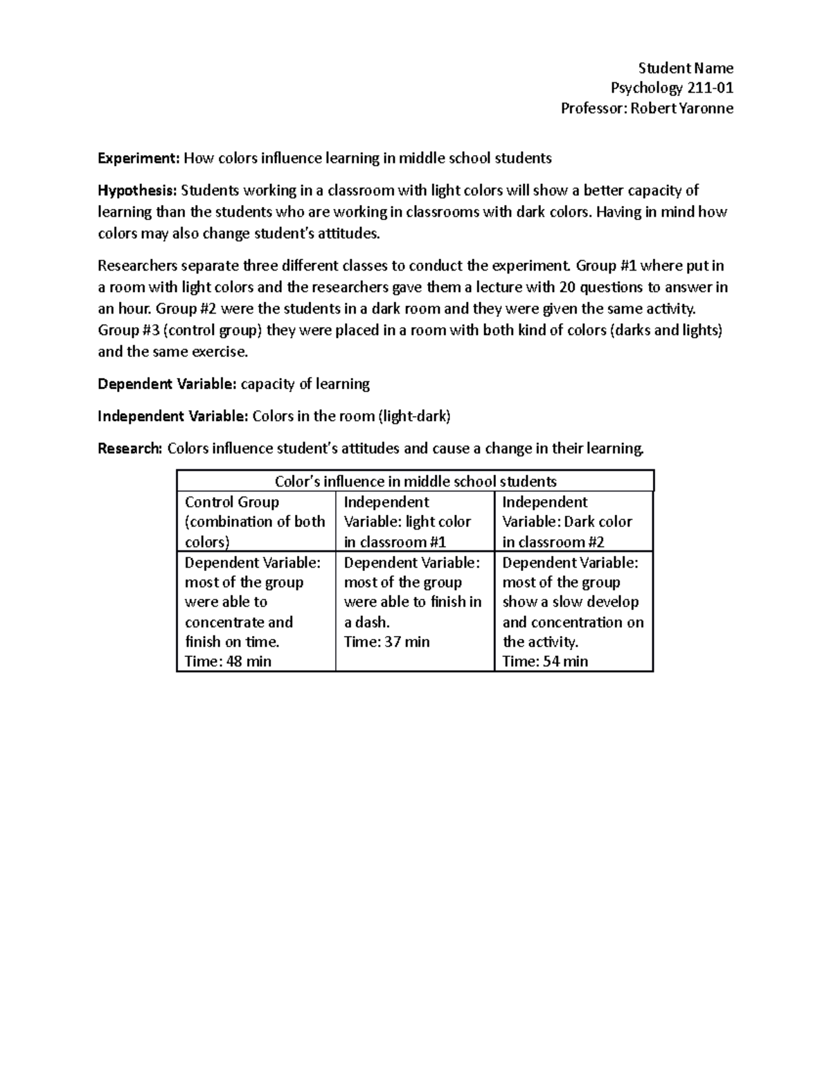 Psych 211 - Work assigned on the class as a homework - Student Name ...