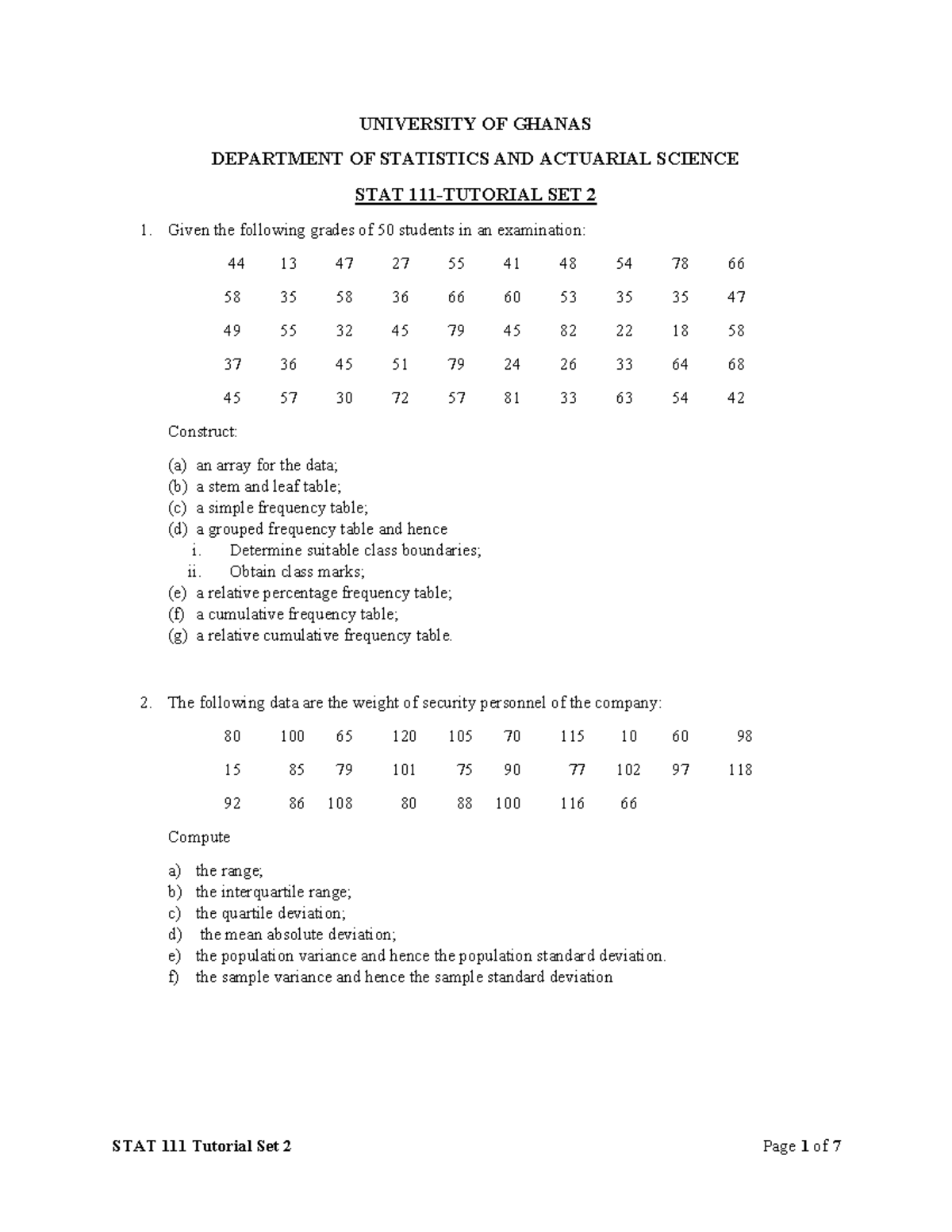 Stat 111 Tutorial Set 2 University Of Ghanas Department Of