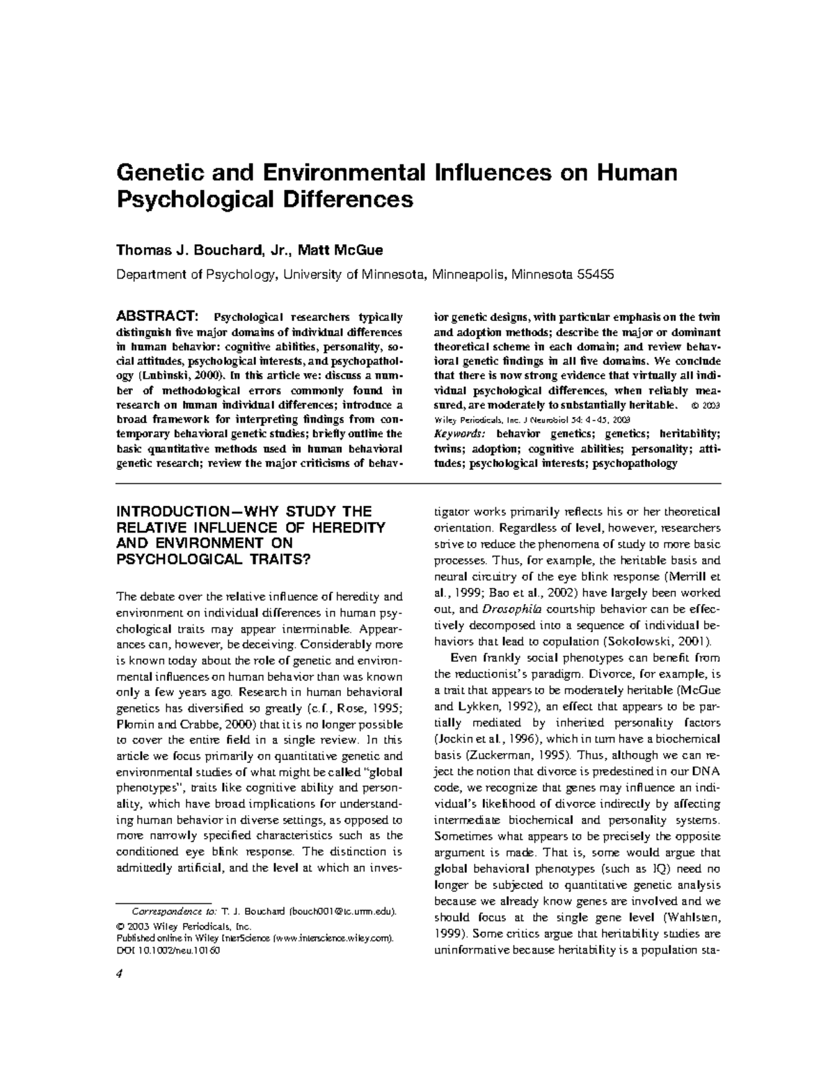 Genetic and Environmental Influences on Human Psychological Differences ...