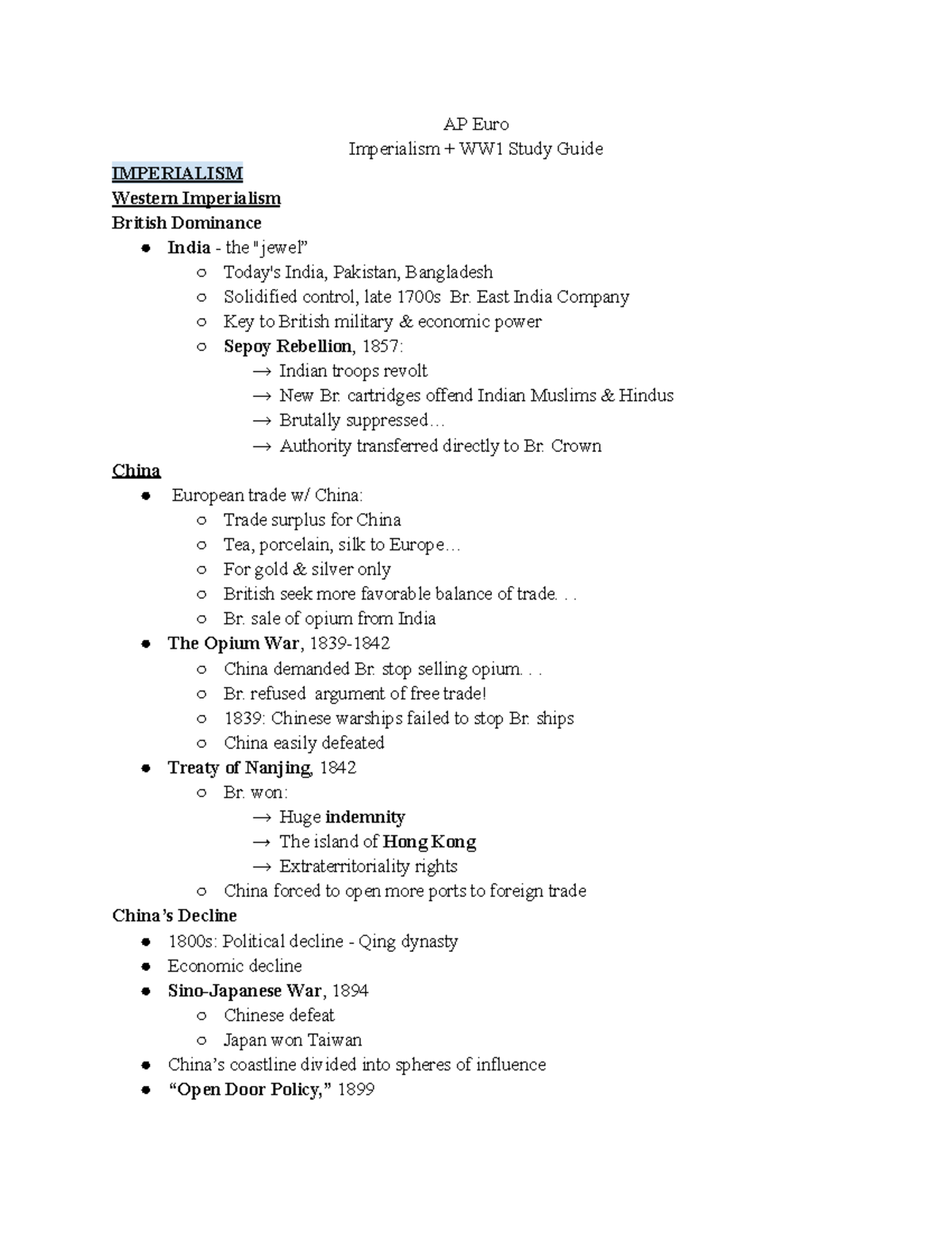 AP Euro Imperialism + WW1 Study Guide - AP Euro Imperialism + WW1 Study ...