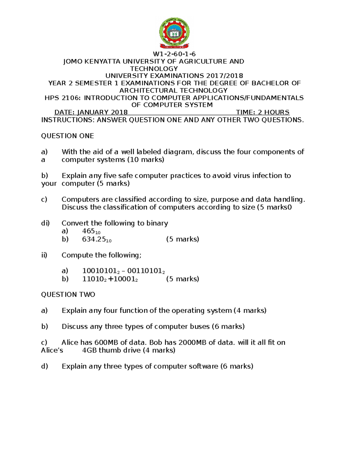 Hps 2106 Introduction Computer Applications Fundamentals Of Computer System Jomo Kenyatta