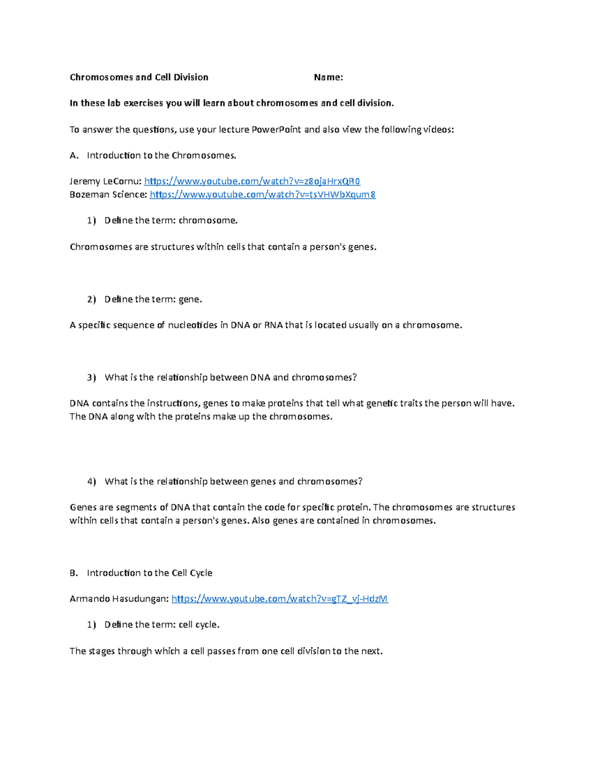 Lab Exercise on Chromosomes and Cell Division - Chromosomes and Cell ...