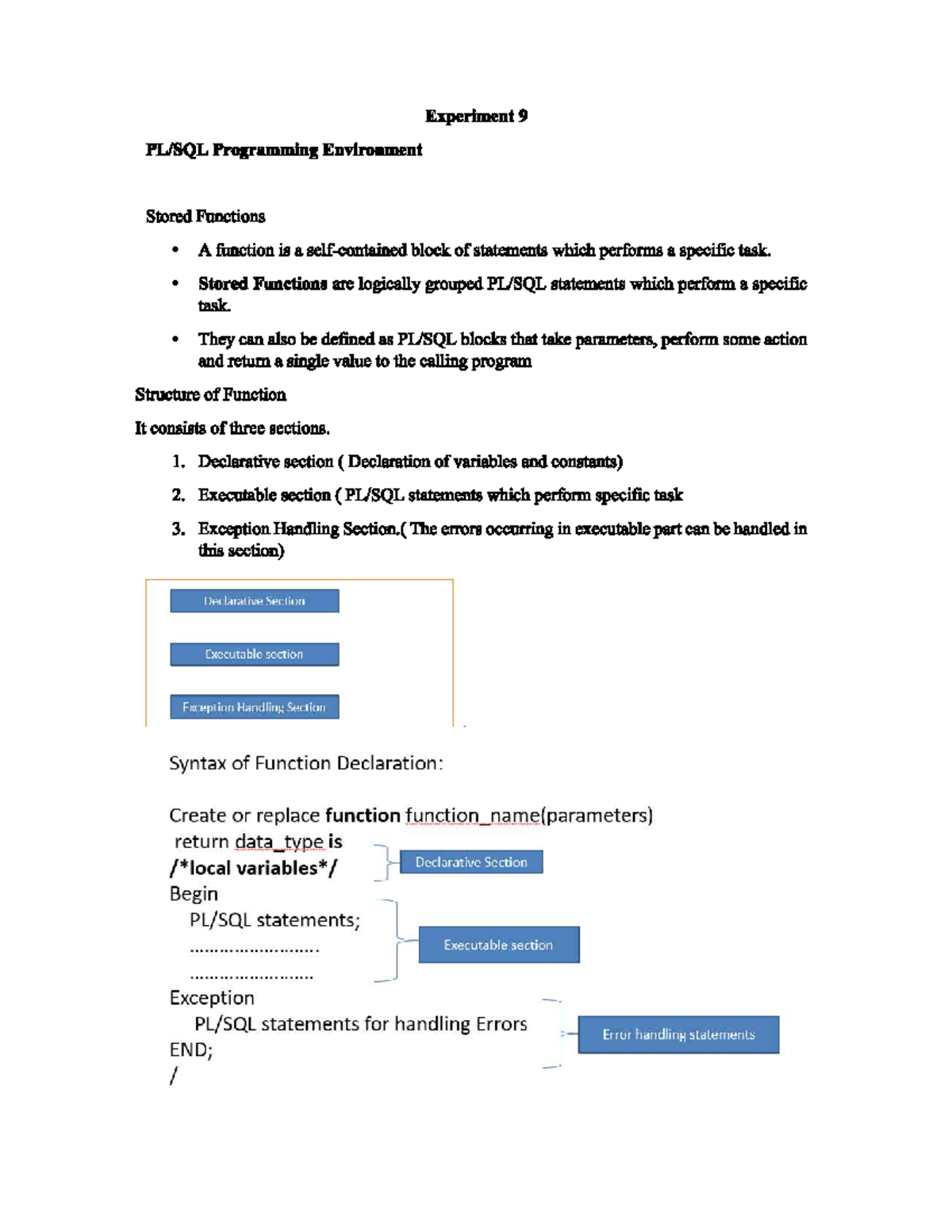 Pl - Practical implementation - Experiment 9 Programming Environment Stored Functions A function ...