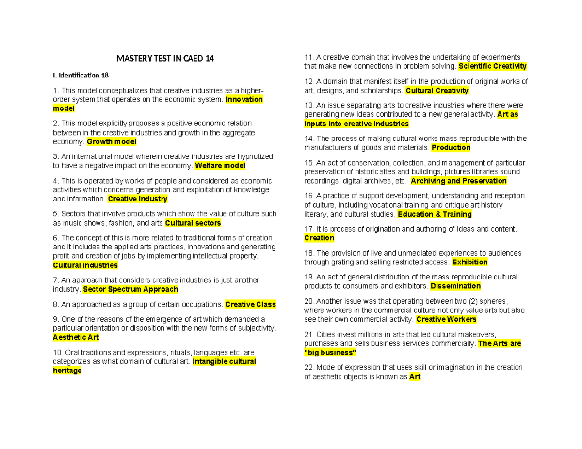 Mastery TEST IN CAED 14 - MASTERY TEST IN CAED 14 I. Identification 18 ...