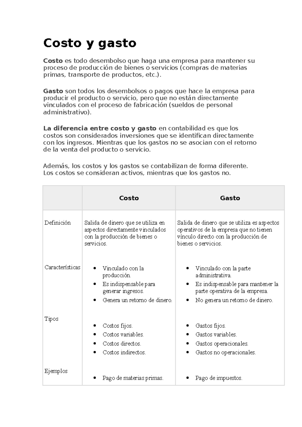 Diferencia entre costo y gasto - Administración - UCV - Studocu