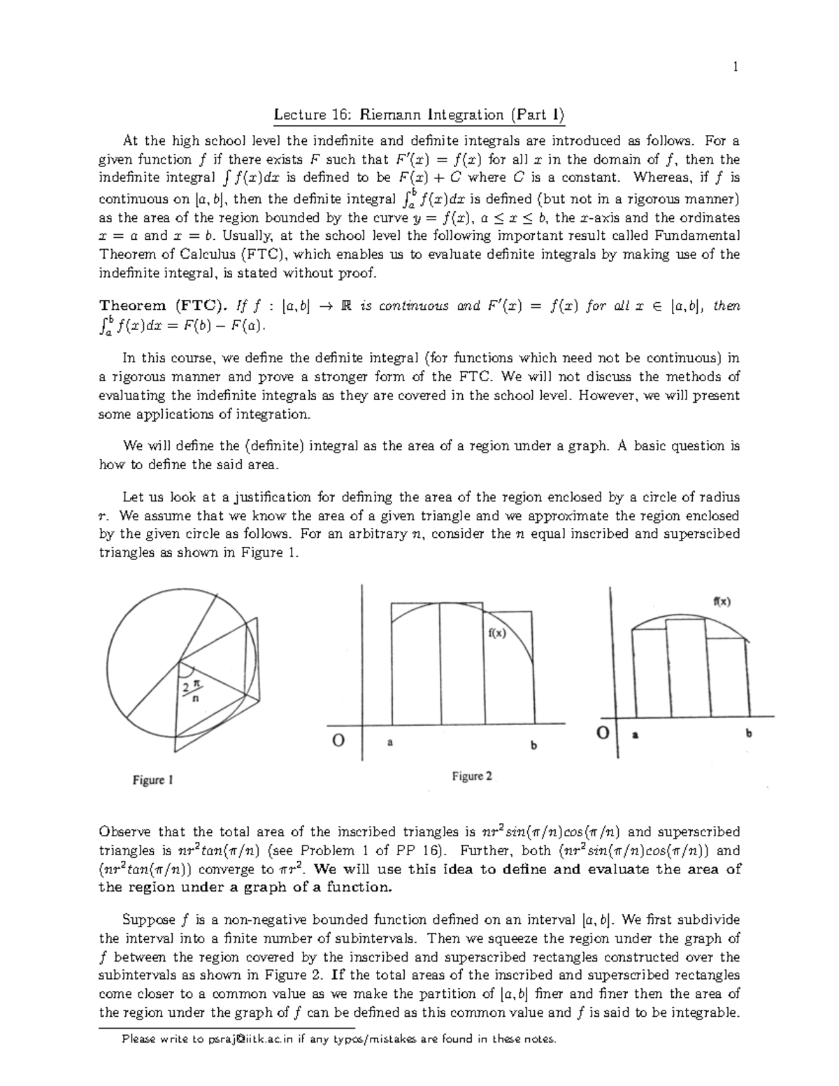 LN-16(21) - IIT kanpur riemann integral pdf - Lecture 16: Riemann Integration (Part I) At the ...