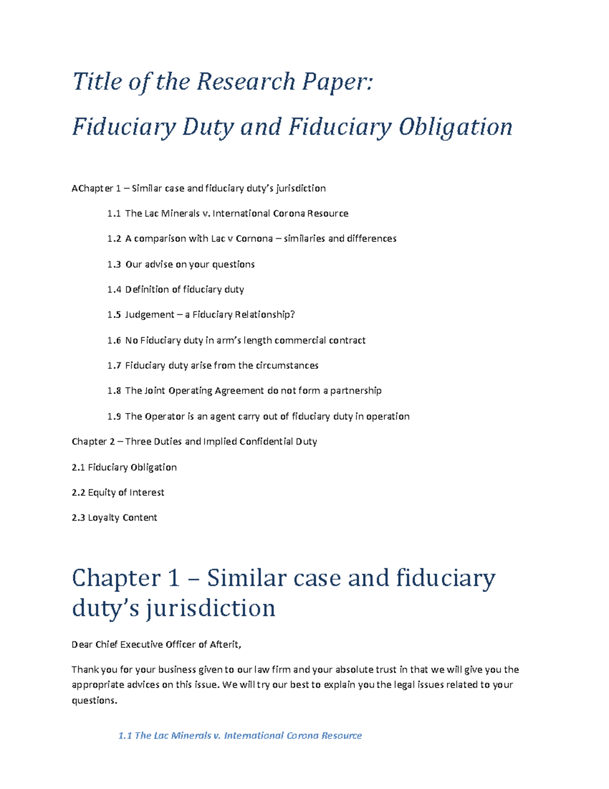 Fiduciary Duty and Fiduciary Obligation - Title of the Research Paper ...