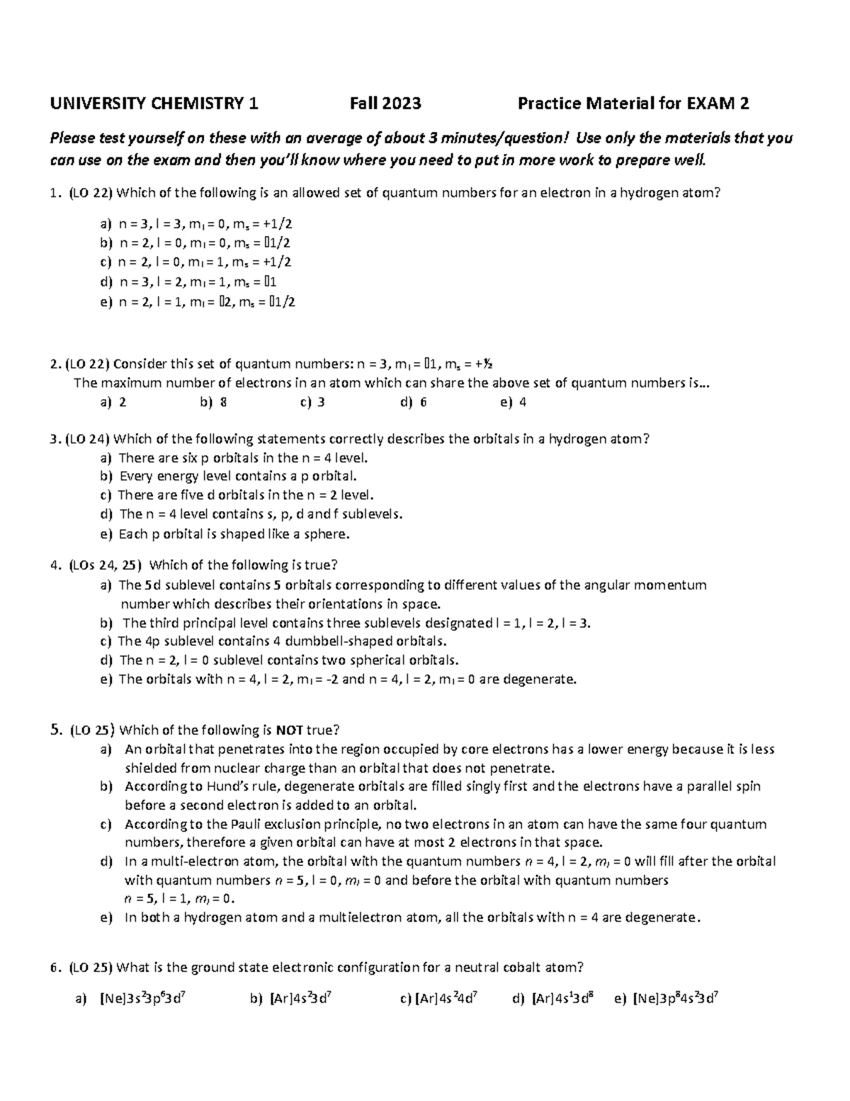 Practice Material for EXAM 2 Fall 2023 to post - UNIVERSITY CHEMISTRY 1 ...