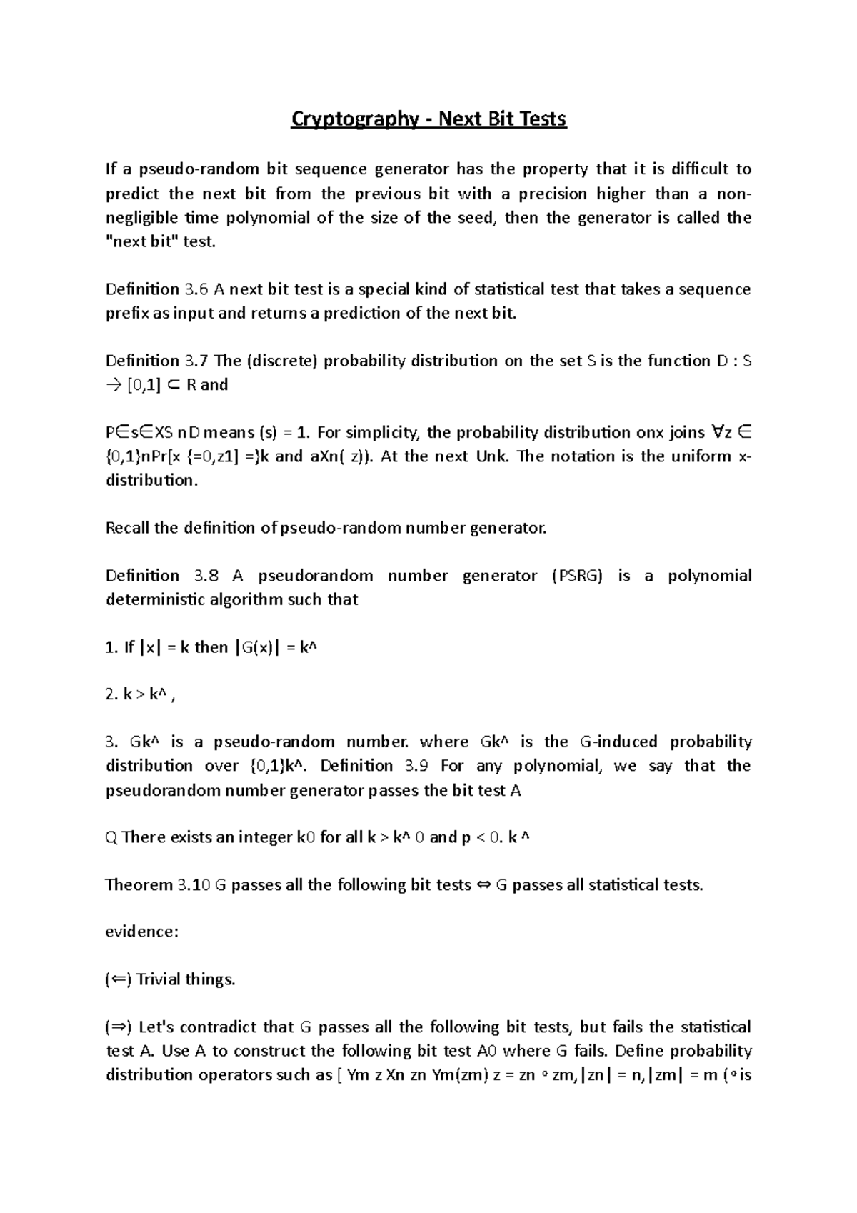 Cryptography - Next Bit Tests - Definition 3 A next bit test is a ...