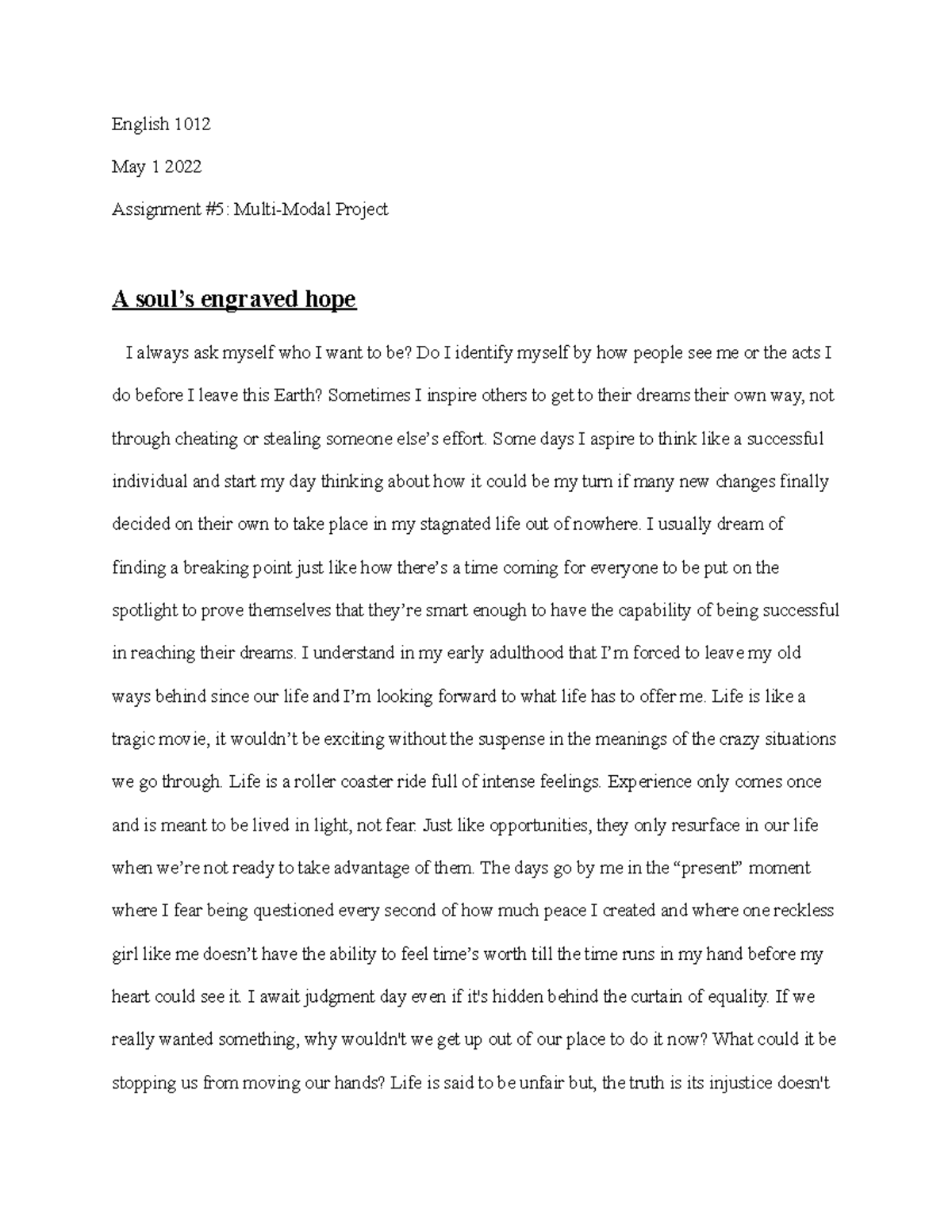 Assignment #5 Multi-Modal Project - English 1012 May 1 2022 Assignment ...