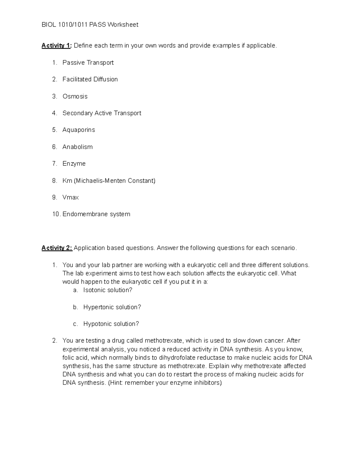 Oct 1 BIOL1010 Worksheet - Activity 1: Define each term in your own ...