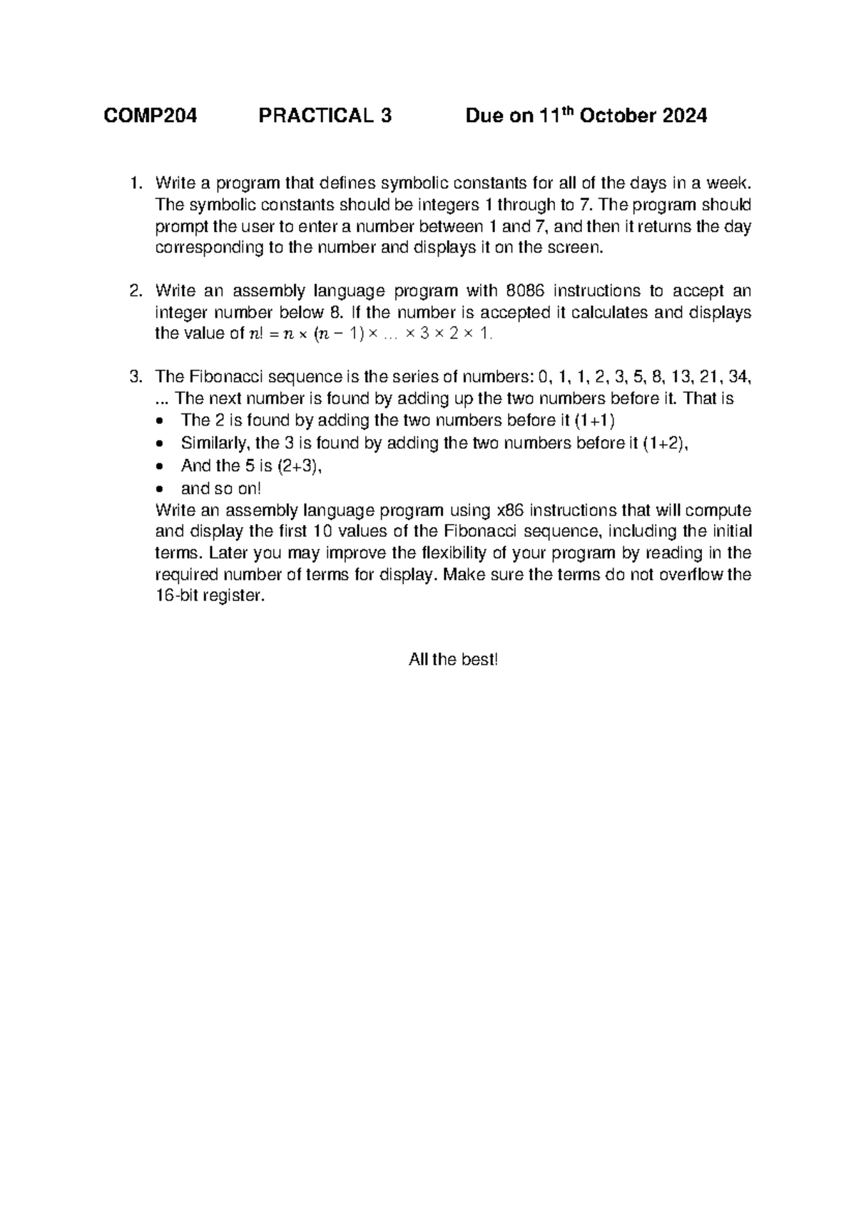 COMP204 Practical 3 - prac - COMP204 PRACTICAL 3 Due on 11th October 2024 Write a program that ...
