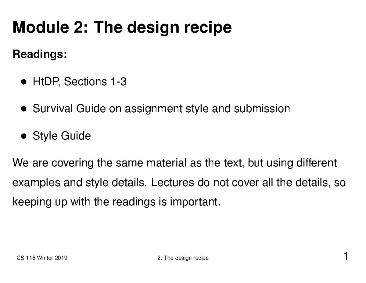 Module 2 - Lecture notes 2 - Module 2: The design recipe Readings ...