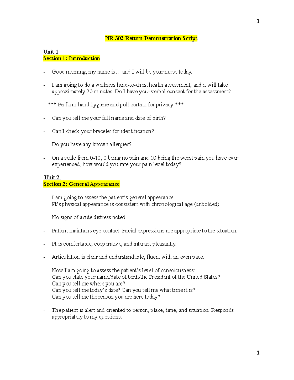 H.A 1 Full Script-students - NR 302 Return Demonstration Script Unit 1 ...