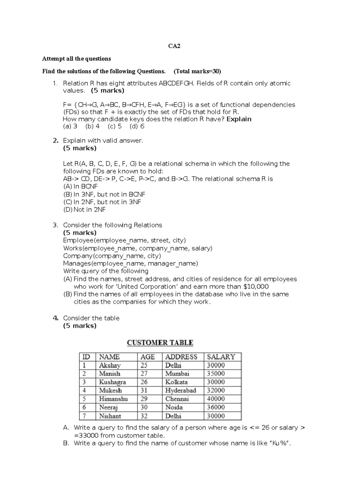 CA2 Ca2 Qn Paper Of Dbms B tech CSE LPU Studocu