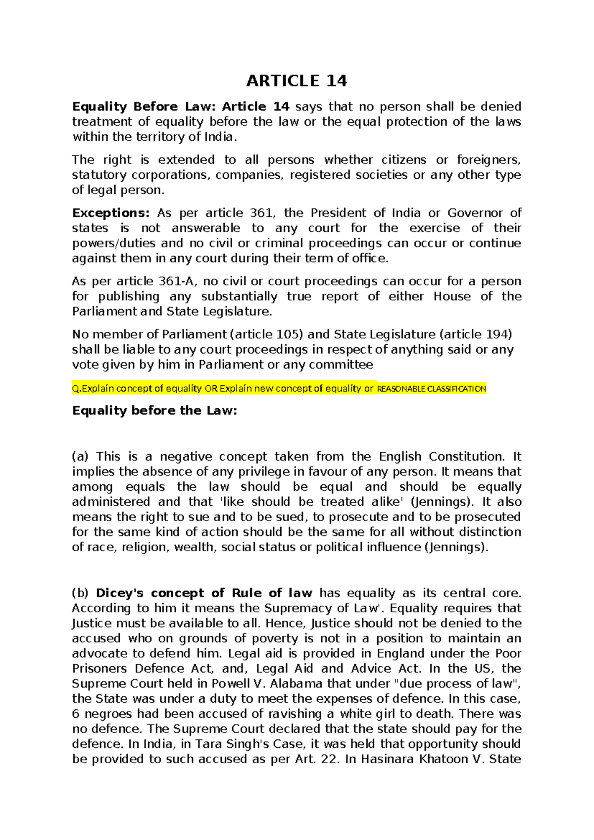 Article 14 - ARTICLE 14 Equality Before Law: Article 14 says that no ...