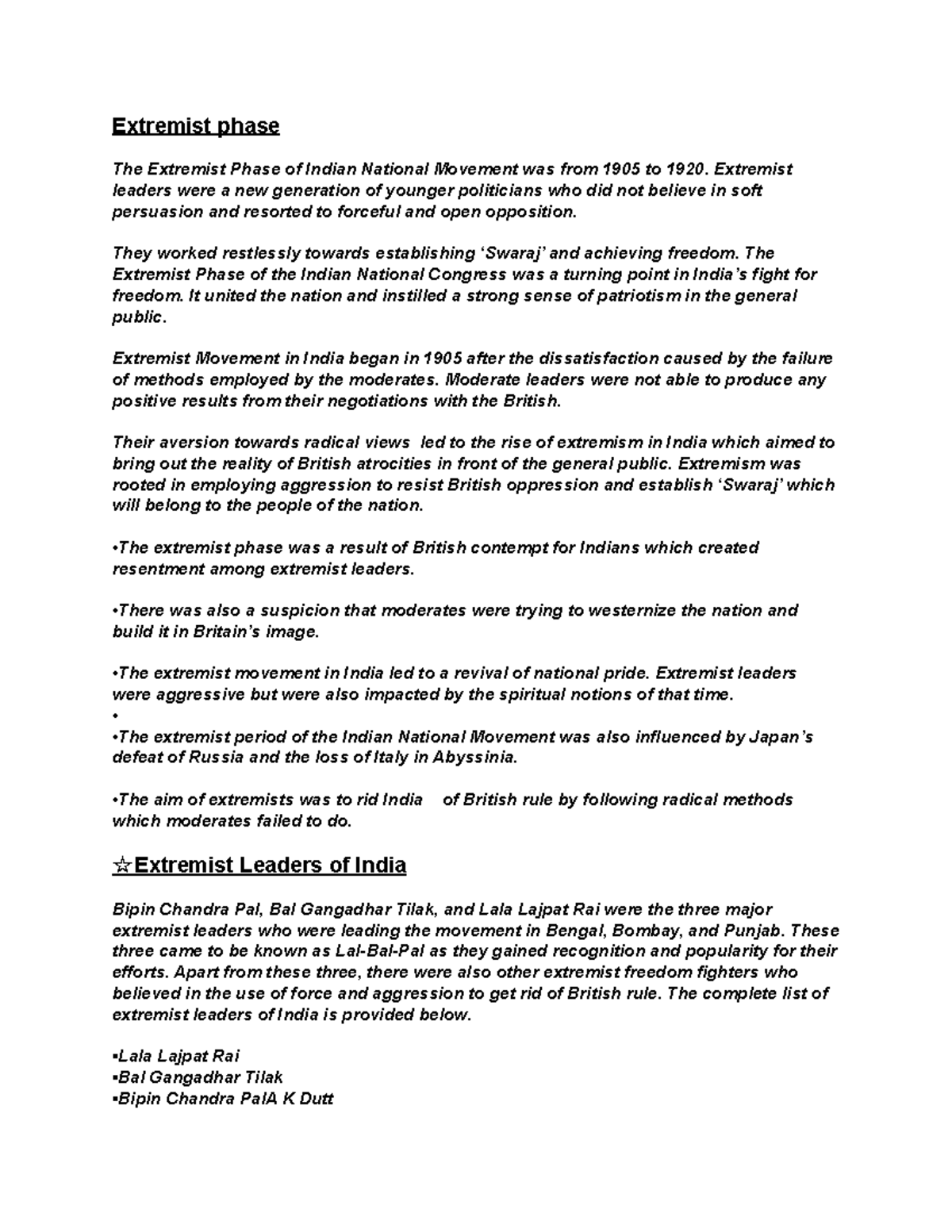 Extremist phase - Its breif and point wise notes - Extremist phase The ...