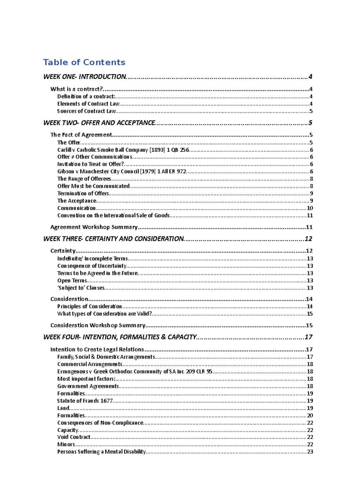 Contracts A Complete Exam Notes - Table of Contents WEEK ONE- - Studocu