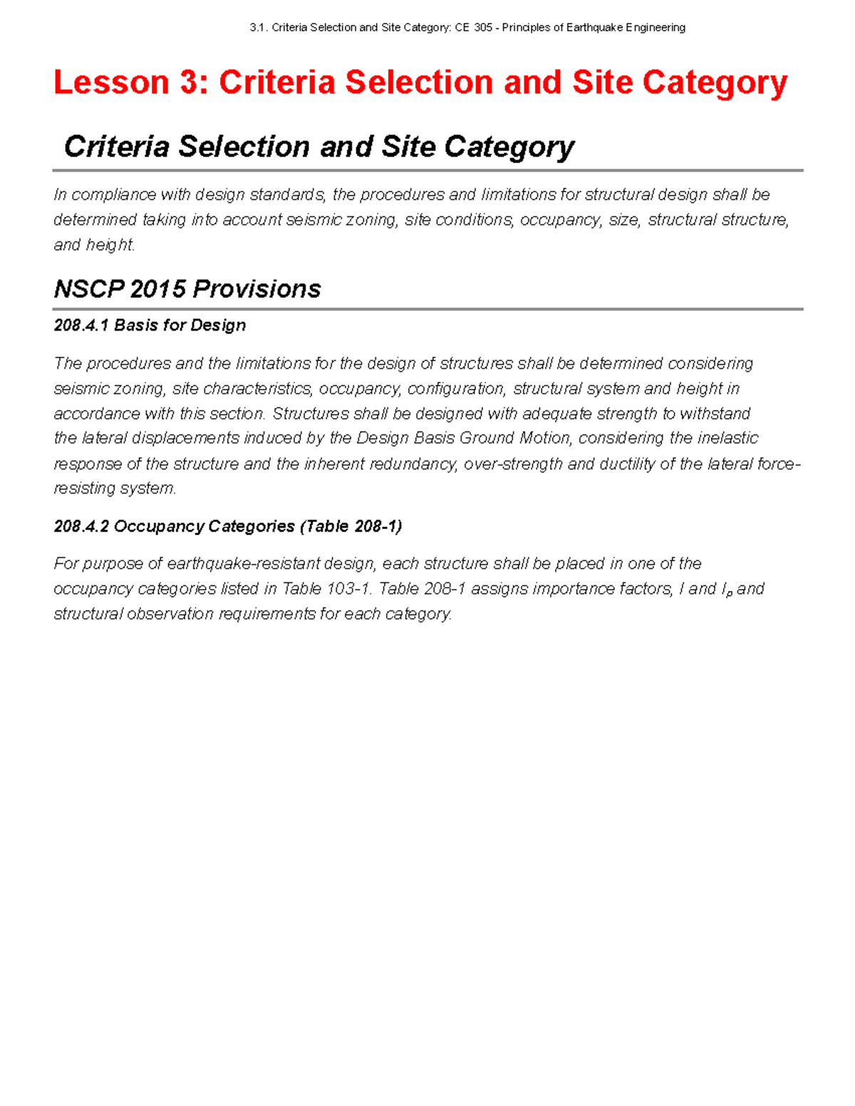 Criteria Selection and Site Category - NSCP 2015 Provisions 208.4 Basis for Design The ...
