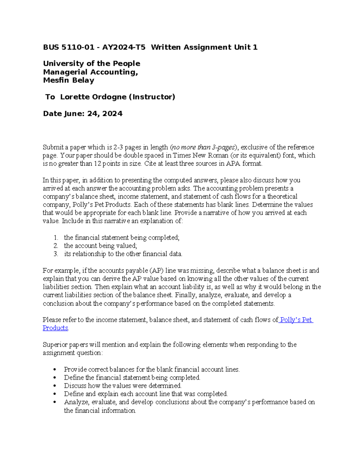 BUS 5110 wriiting unit 1 - BUS 5110-01 - AY2024-T5 Written Assignment Unit 1 University of the ...