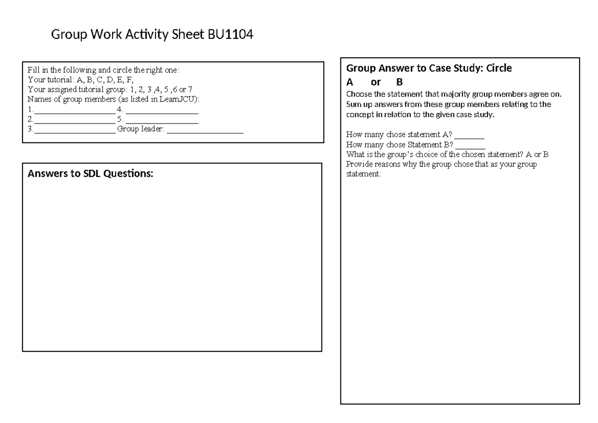 tutorial group worksheet - Group Work Activity Sheet BU Group Answer to ...