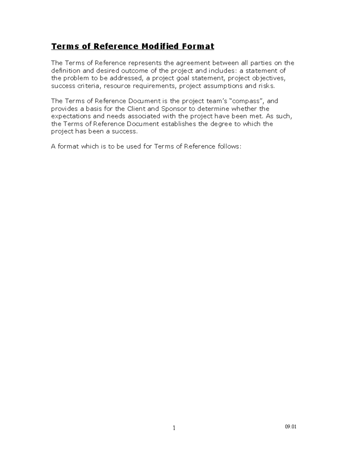 Project Charter Template-Sample - Terms of Reference Modified Format ...