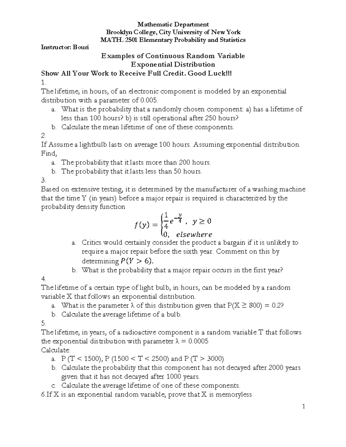 Hw11- Exponential R.V Answer Key - Mathematic Department Brooklyn ...