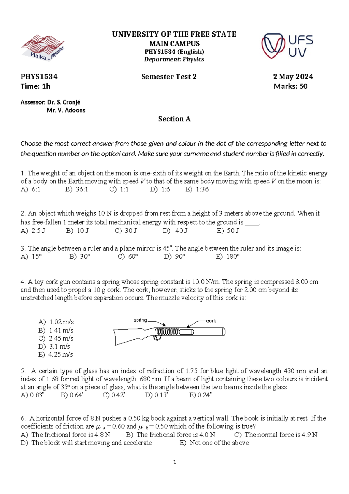 2024PHYS1534Sem T2 - the semster test - UNIVERSITY OF THE FREE STATE ...