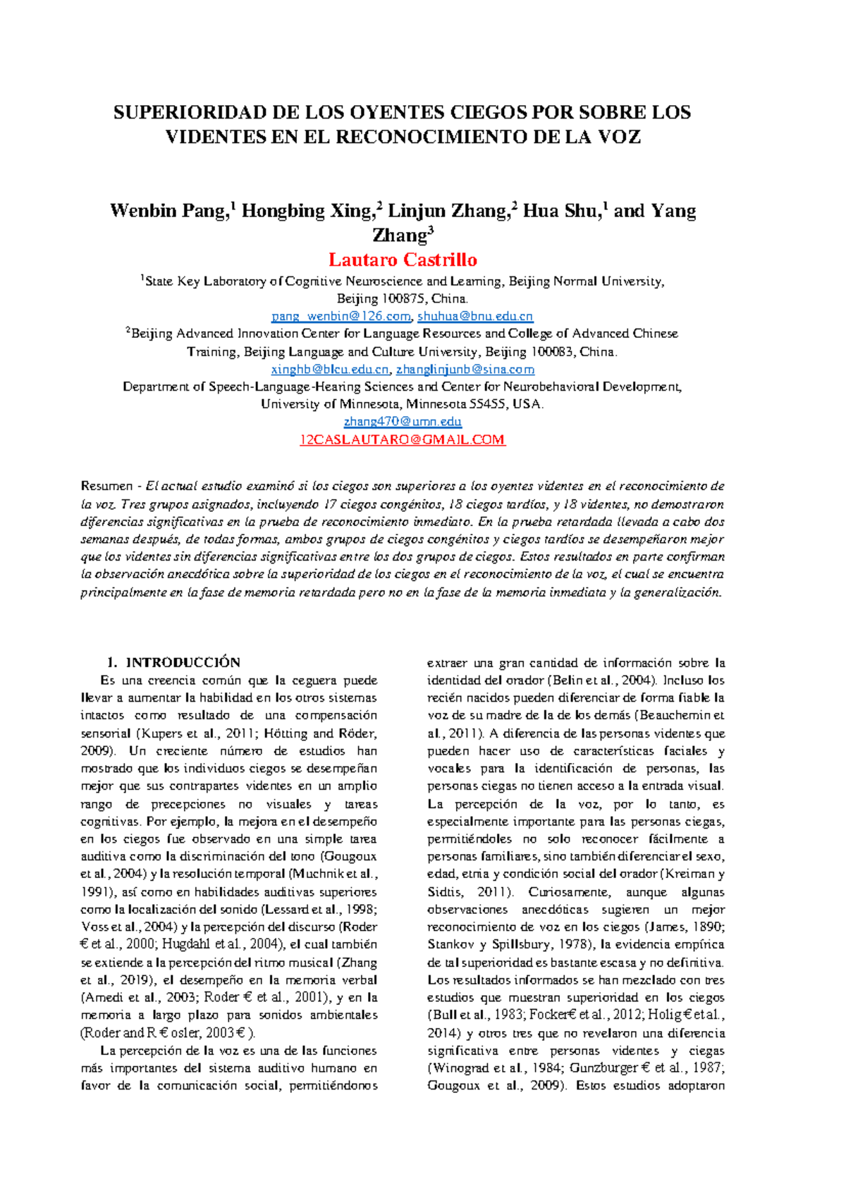 Traducción y Síntesis del Artículo: "Superiority of blind over sighted ...