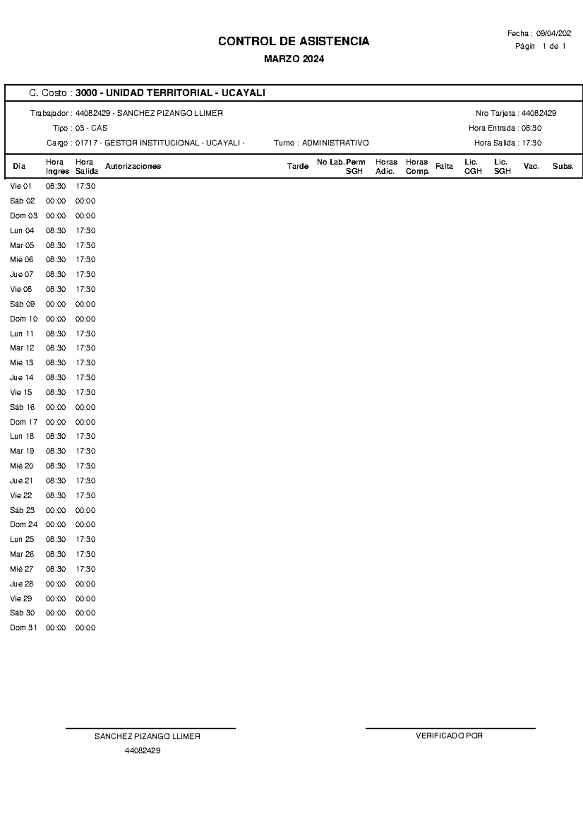 Asist - ayuda en mi contexto - CONTROL DE ASISTENCIA C. Costo : 3000 - UNIDAD TERRITORIAL ...