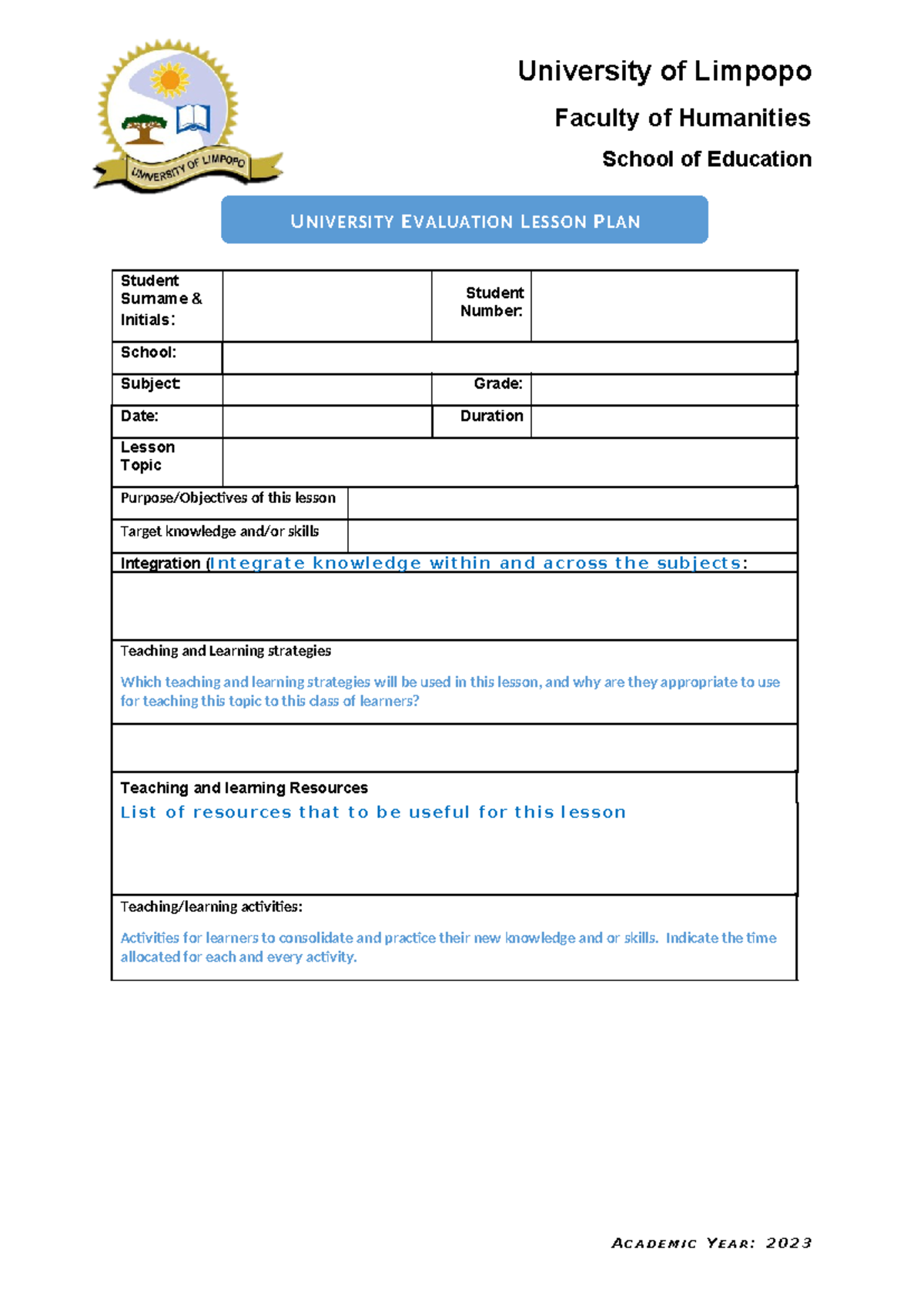 Lesson plan - BEd SP & FET - University of Limpopo Faculty of ...