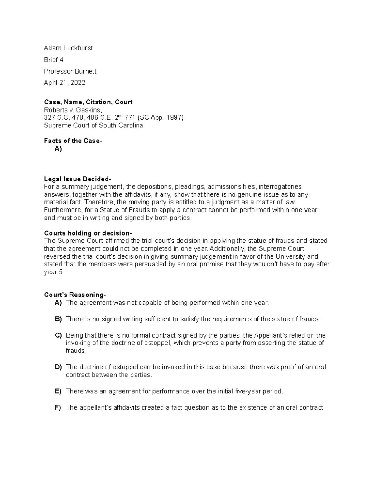 Adam Luckhurst brief #4 - Adam Luckhurst Brief 4 Professor Burnett ...