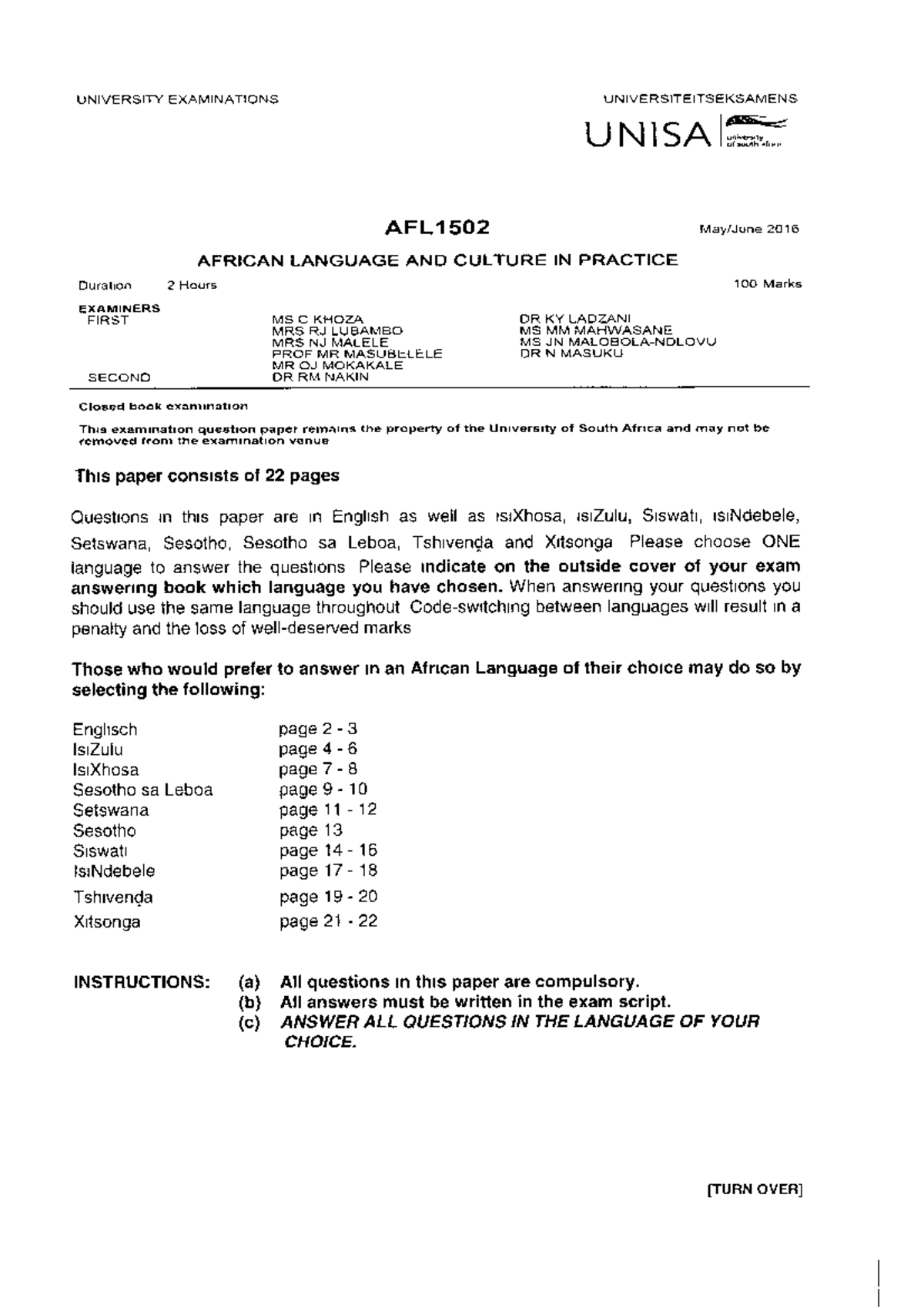 AFL1502 2016 6 E 1 1 - PAST EXAM PAPER - UNIVERSITY EXAMINATIONS ...
