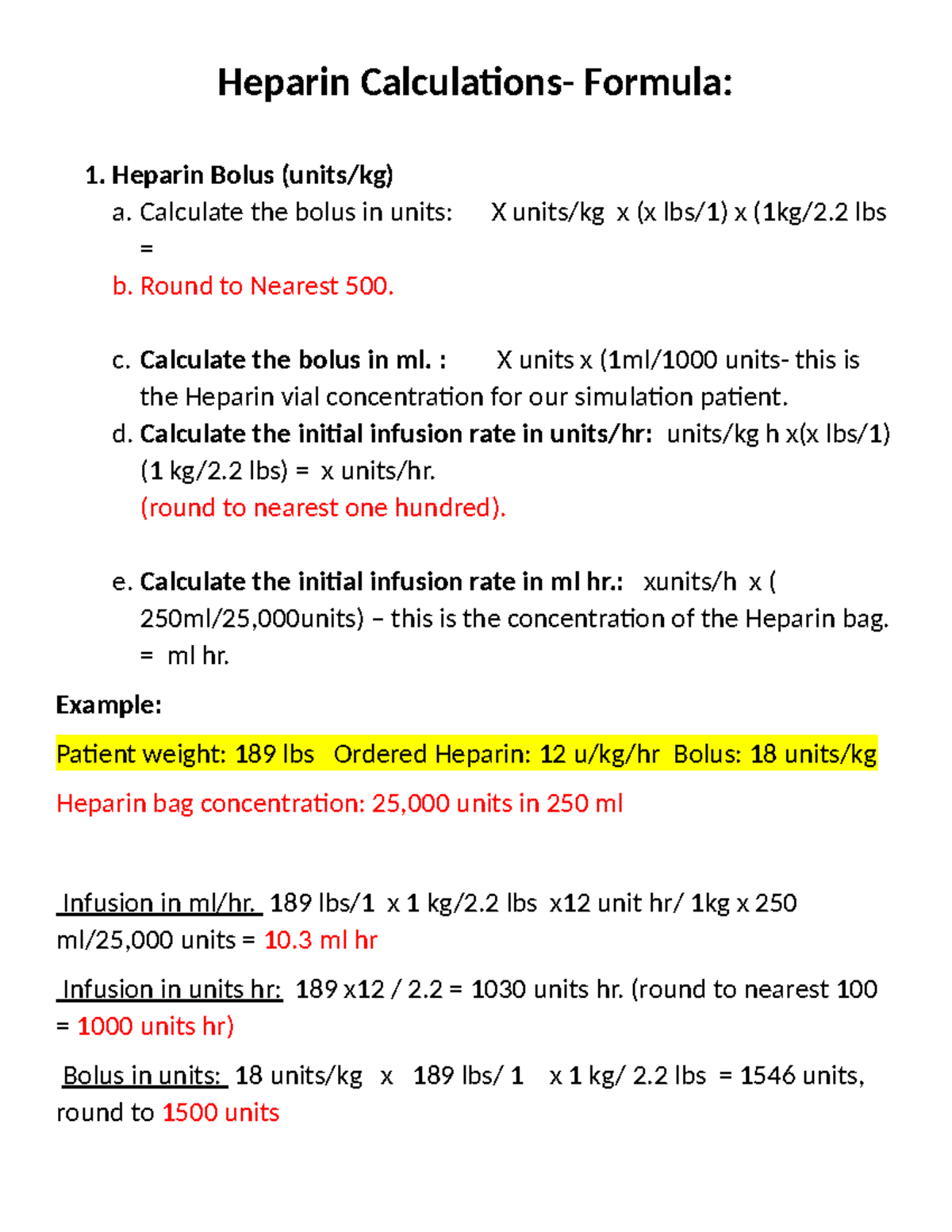 Heparin Calculations-1 - Heparin Bolus (units/kg) a. Calculate the ...