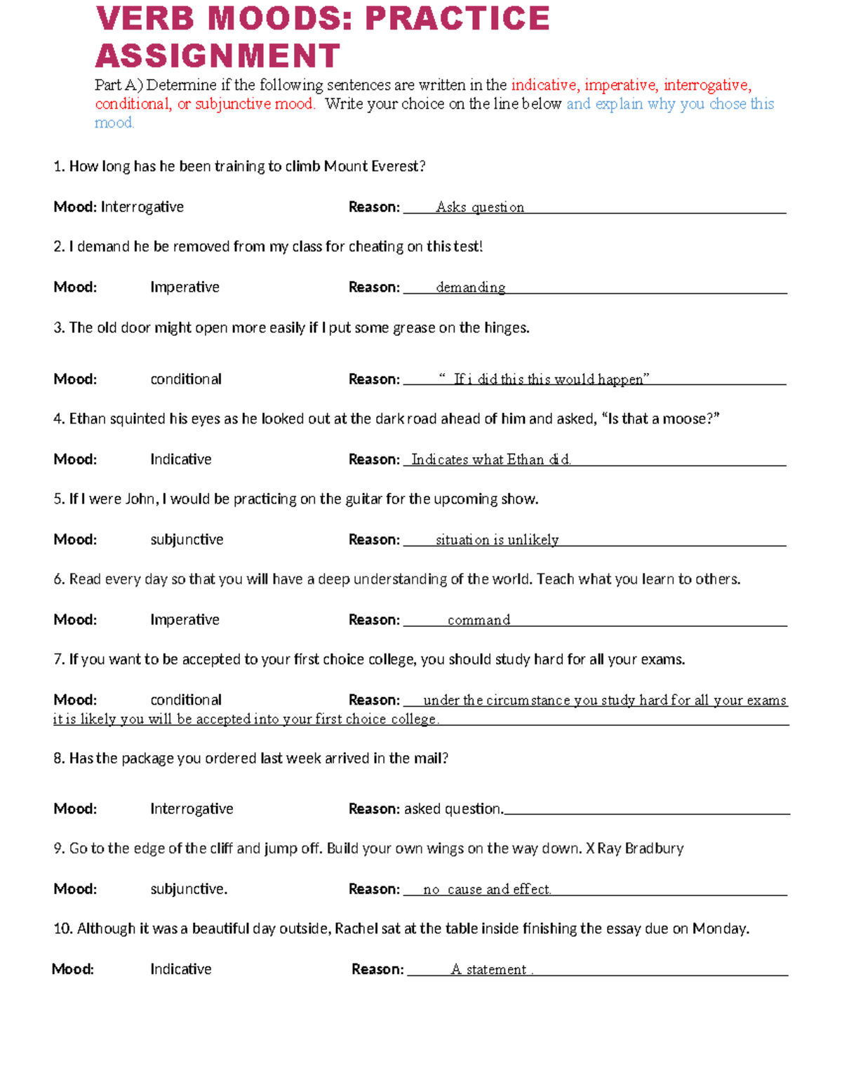 Copy of VERB Moods Practice 1 - VERB MOODS: PRACTICE ASSIGNMENT Part A ...