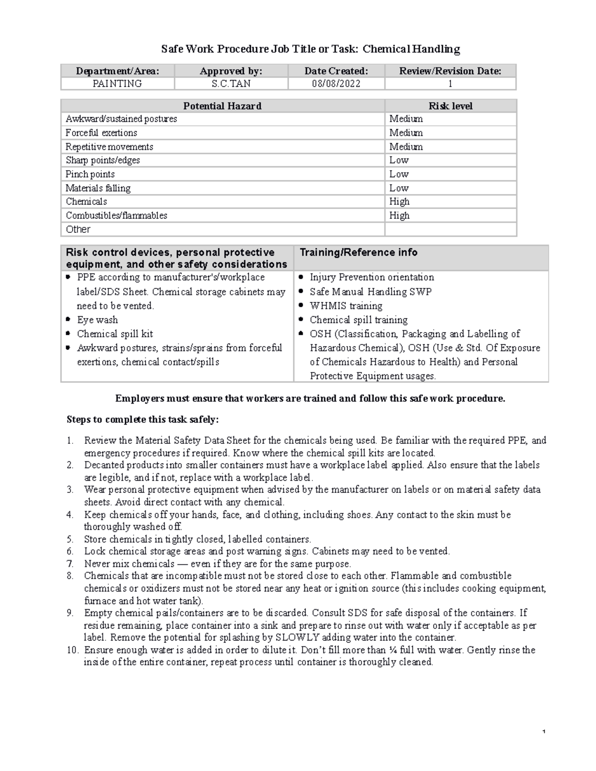SWP Chemical Handling 20SWMB22 - Safe Work Procedure Job Title or Task ...