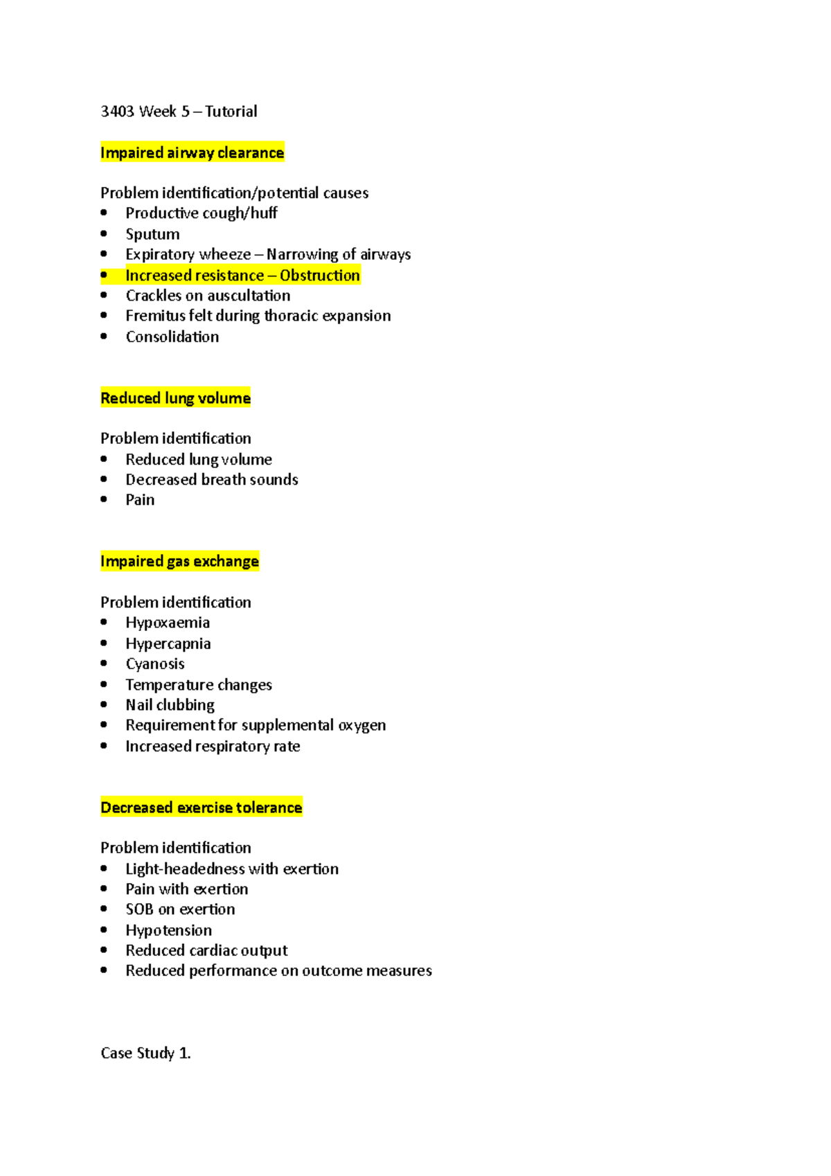 WK5 - Cardiorespiratory problem list - 3403 Week 5 – Tutorial Impaired ...