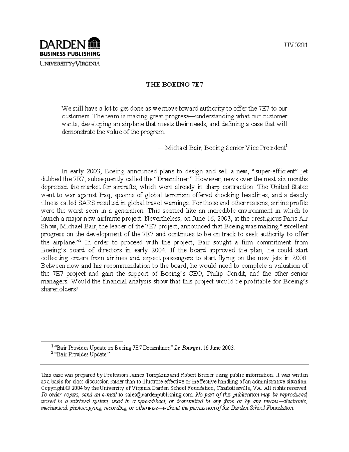BOEing 7e7 by finance class - UV This case was prepared by Professors ...