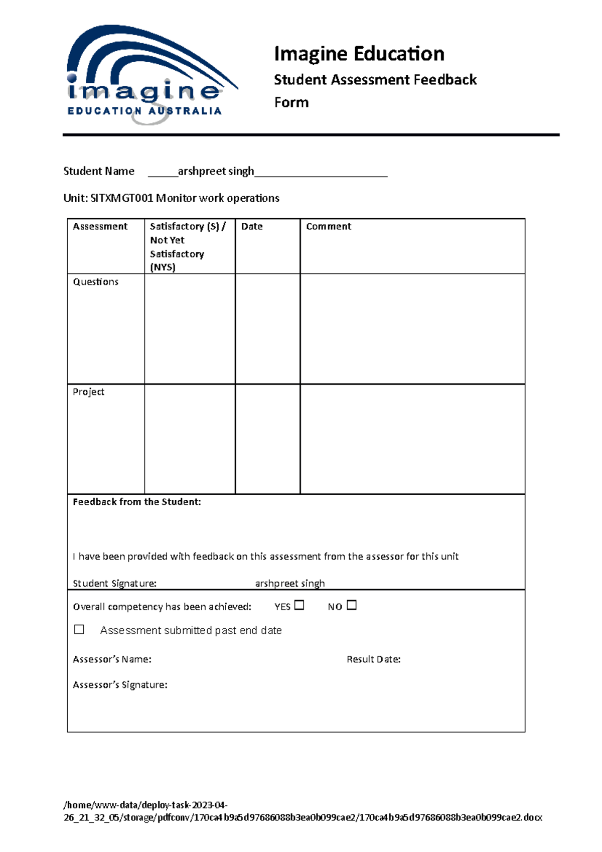 Monitor work operation - Student Name arshpreet singh ...