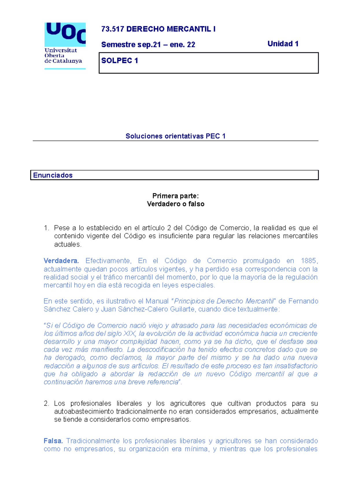 Solpec 1 2022 1 - Solución PEC 2 - 73 DERECHO MERCANTIL I Semestre sep – ene. 22 Unidad 1 SOLPEC ...