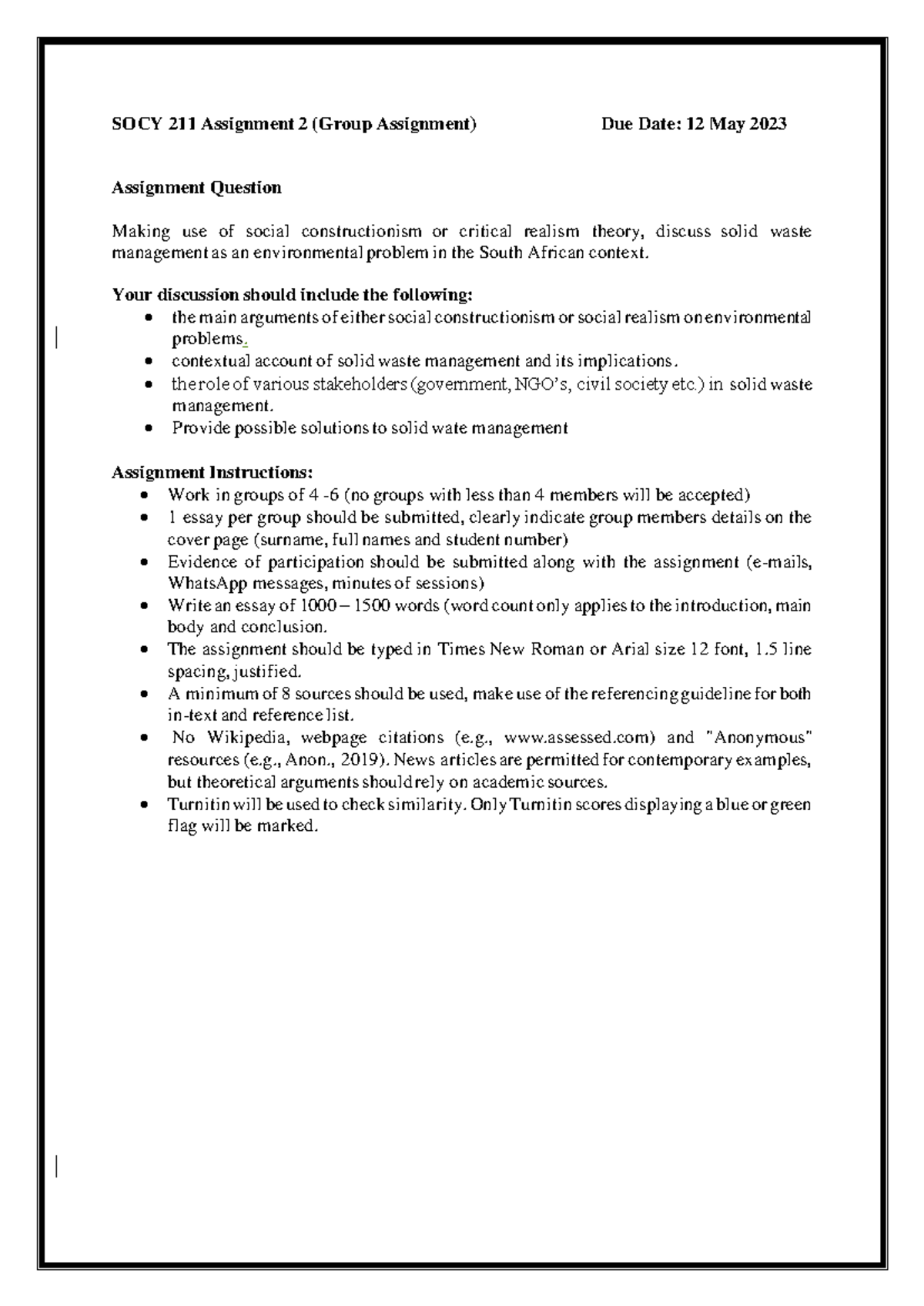 SOCY 211 Assignment 2 2023 pdf - SOCY 211 Assignment 2 (Group Assignment) Due Date: 12 May 2023 ...