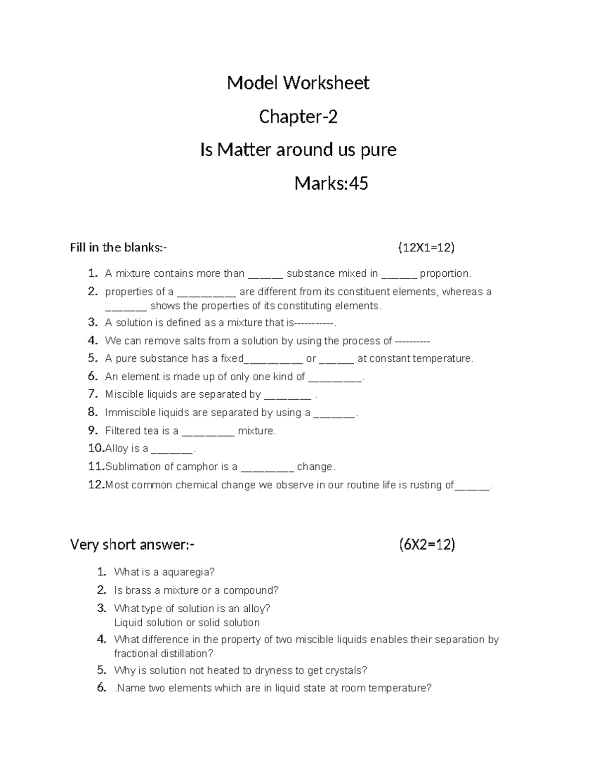 Model Workshee 1 - Model Worksheet Chapter- Is Matter around us pure ...