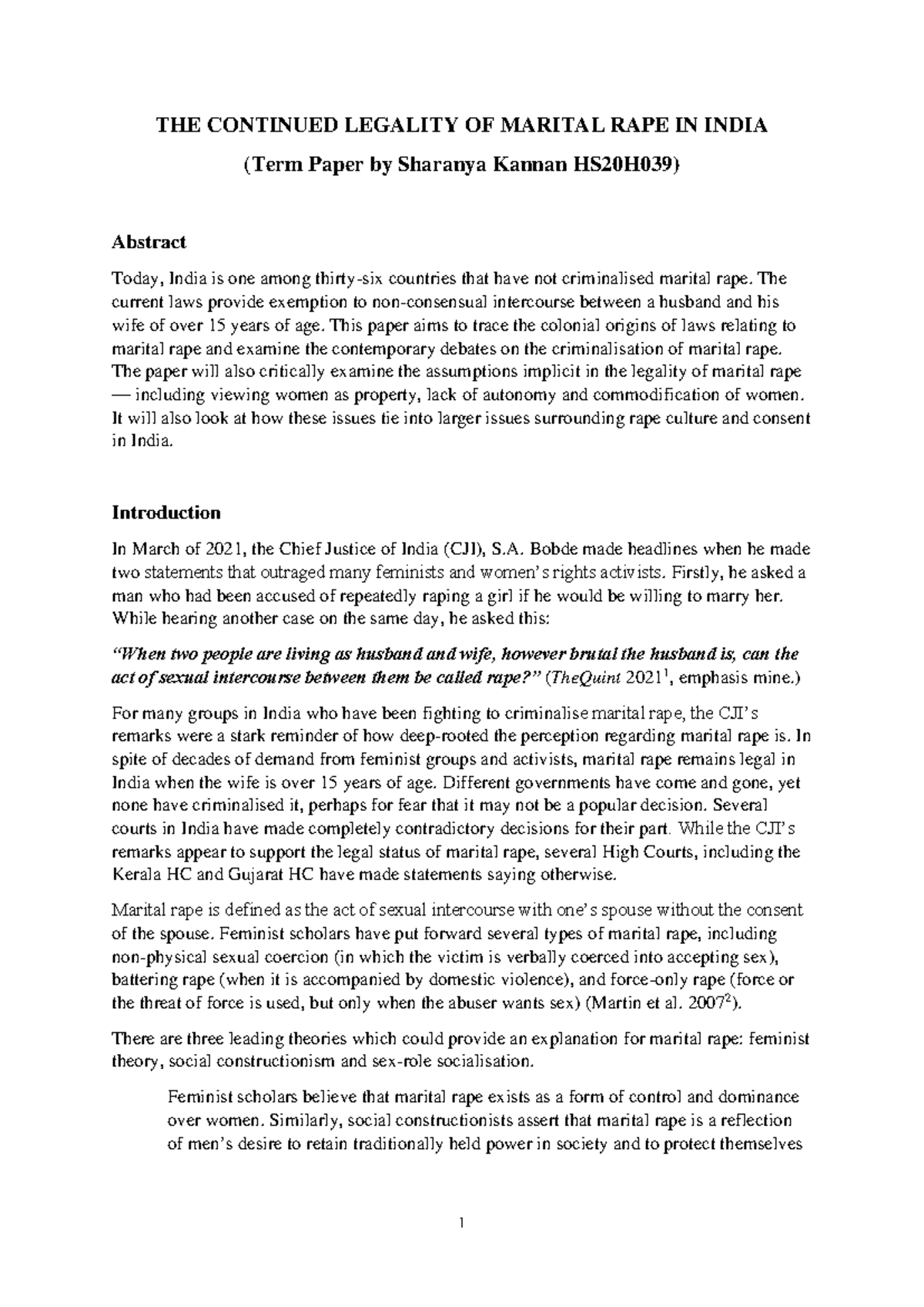 Term paper - CISP - THE CONTINUED LEGALITY OF MARITAL RAPE IN INDIA ...