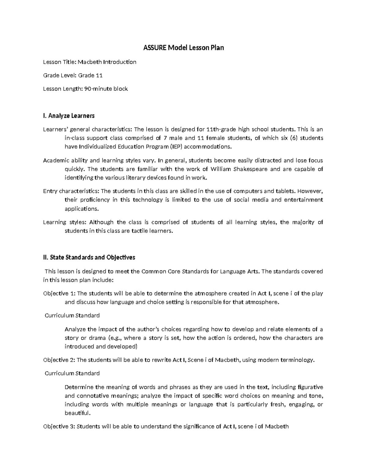 Sample ASSURE plan - ASSURE Model Lesson Plan Lesson Title: Macbeth ...